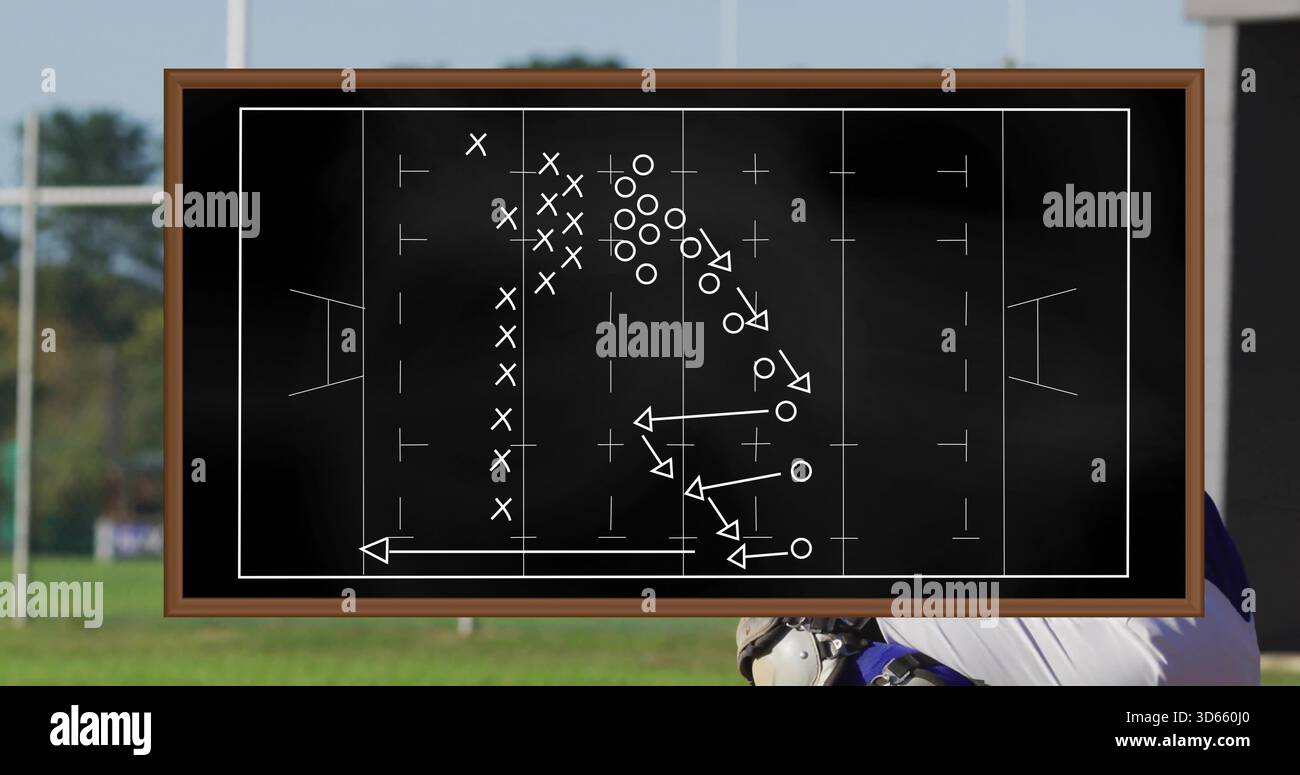 Showing framed chalkboard with Xs Os diagram on field, helmeted player ...