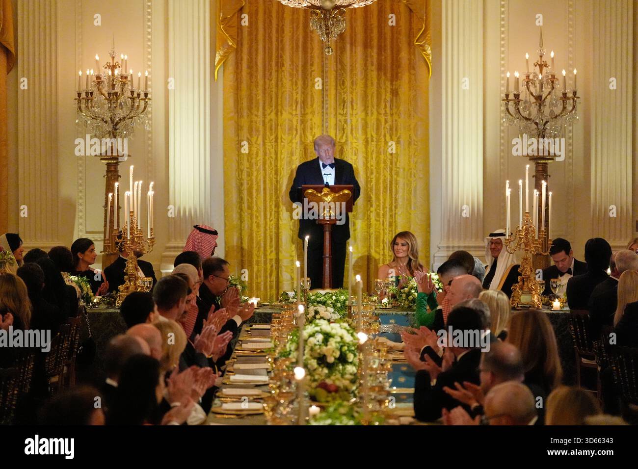 President Donald Trump speaks during a dinner with Saudi Arabia's Crown ...