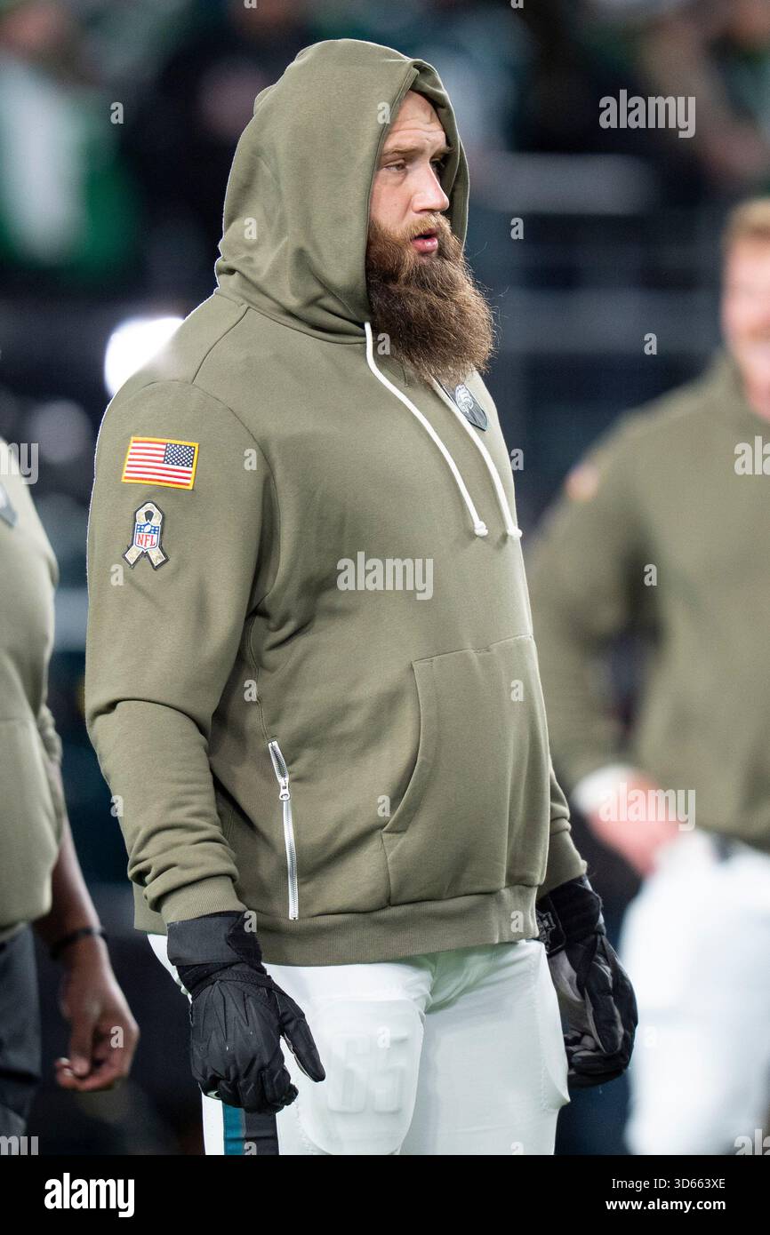 Philadelphia Eagles tackle Lane Johnson looks on while wearing Salute ...