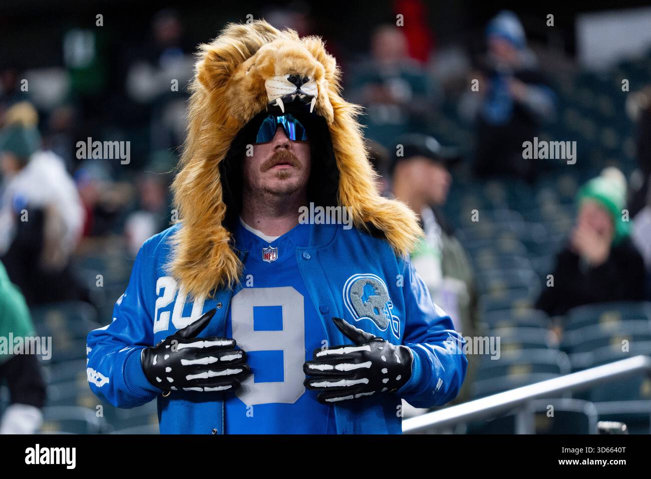 Detroit Lions fan looks on prior to an NFL football game against the ...