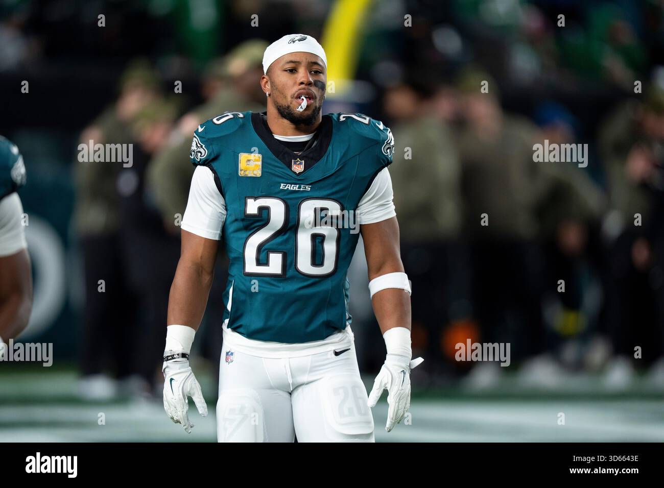 Philadelphia Eagles running back Saquon Barkley looks on prior to an ...