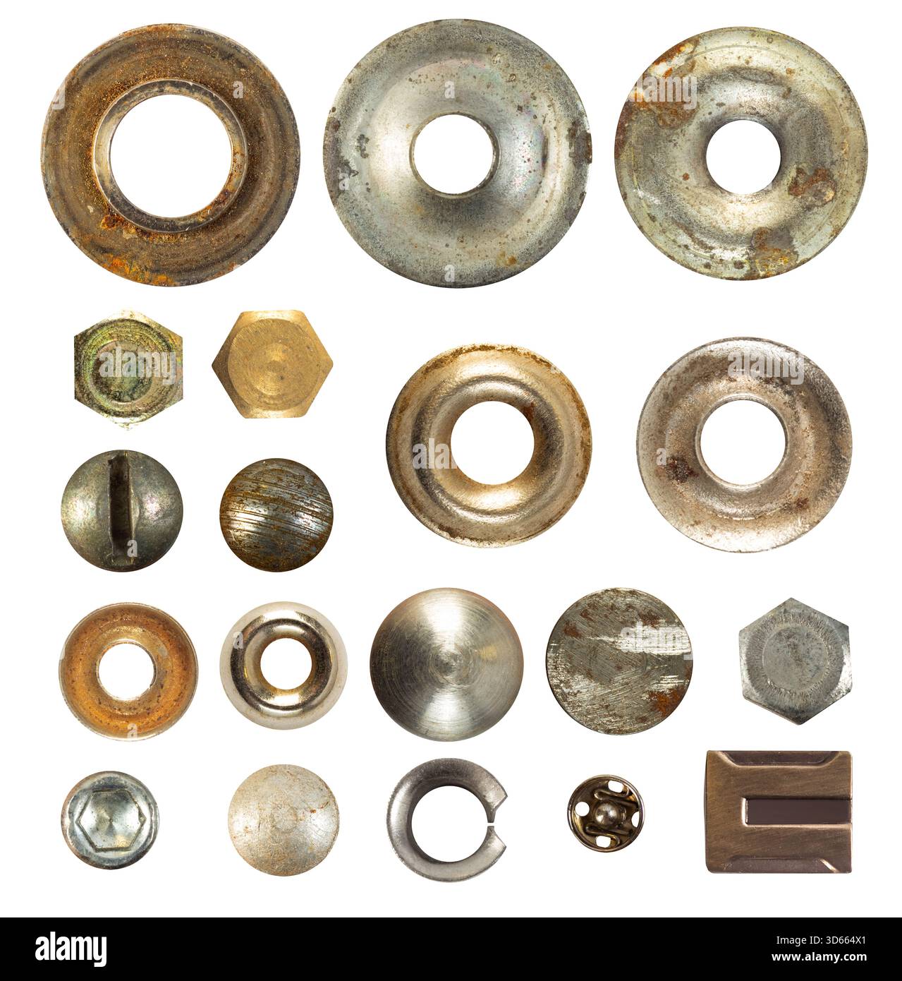 Isolated photo of worn, vintage and rusty metal and copper cloth button ...