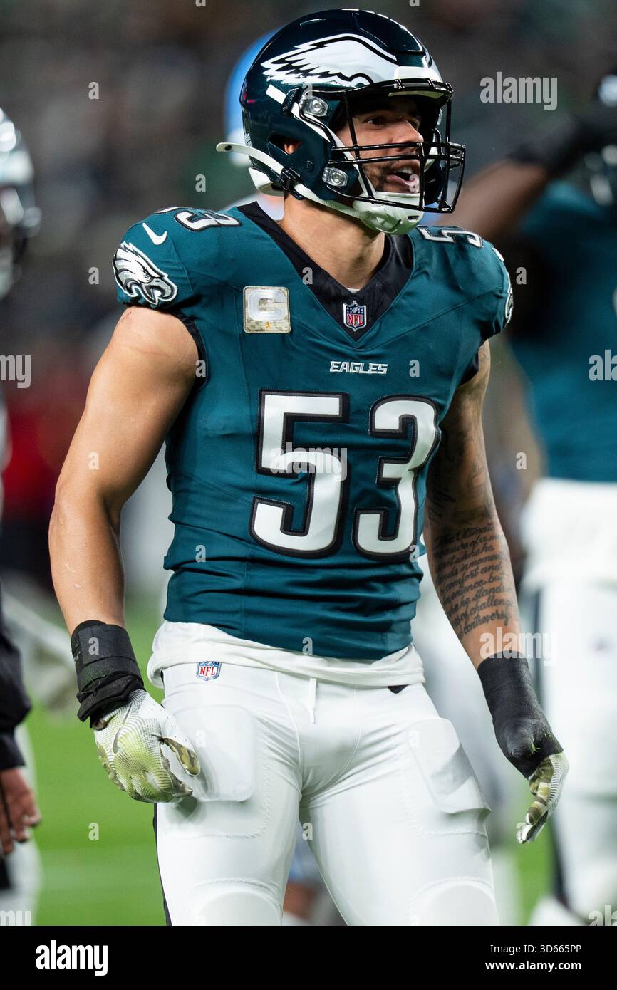 Philadelphia Eagles linebacker Zack Baun looks on during an NFL football against the Detroit ...