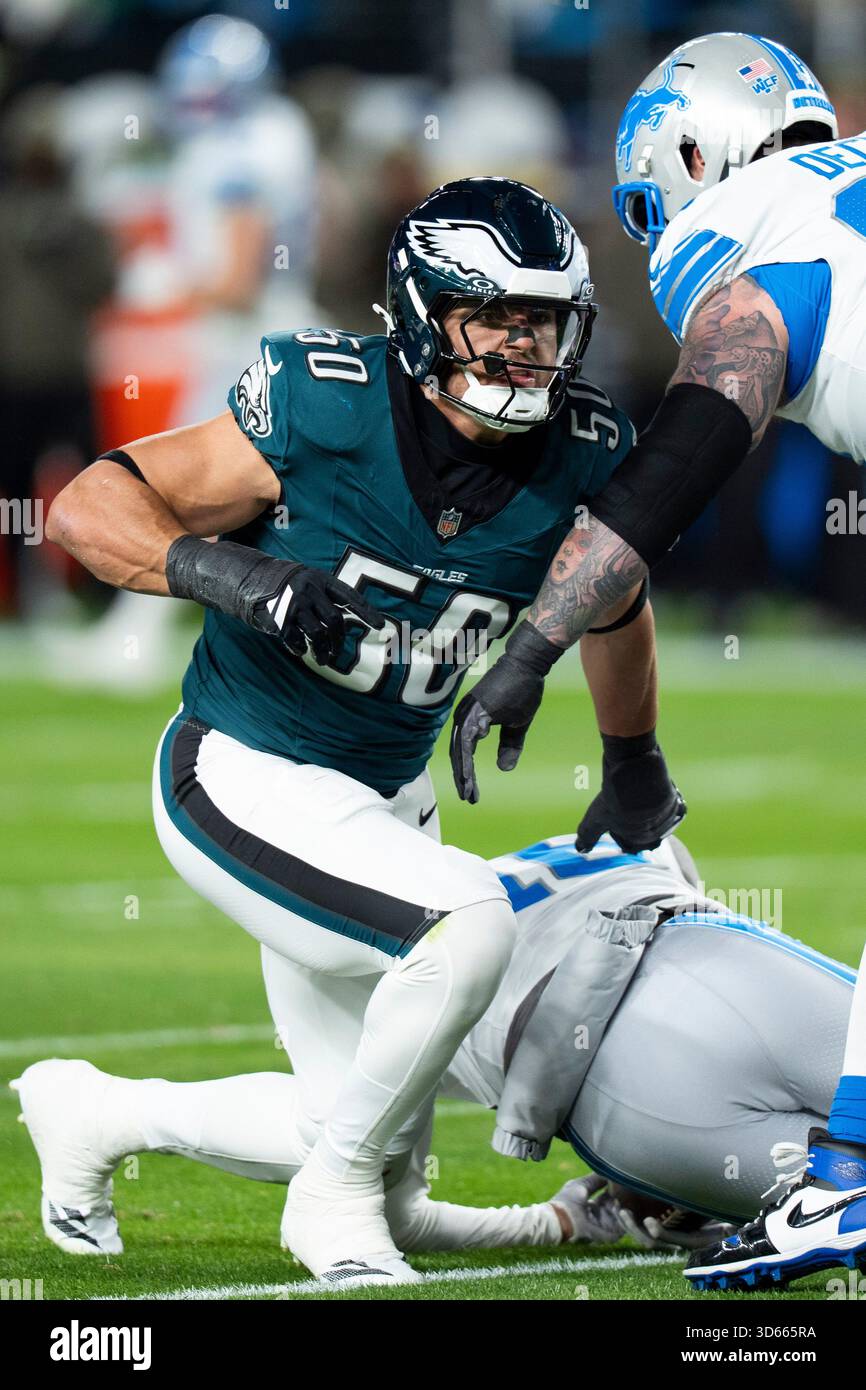 Philadelphia Eagles linebacker Jaelan Phillips, left, looks on after his sack on Detroit Lions ...