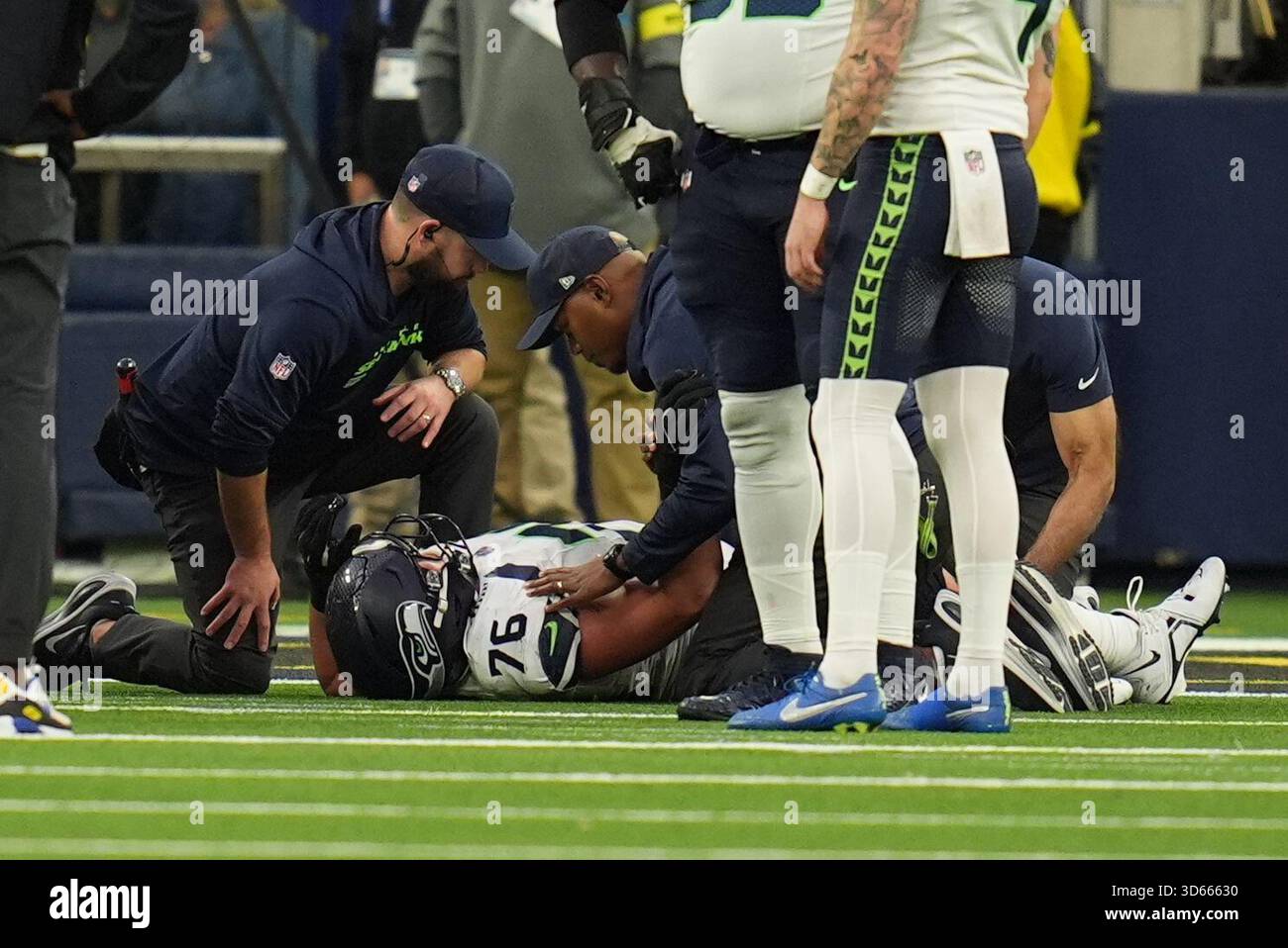 Seattle Seahawks guard Grey Zabel is injured during the second half of ...