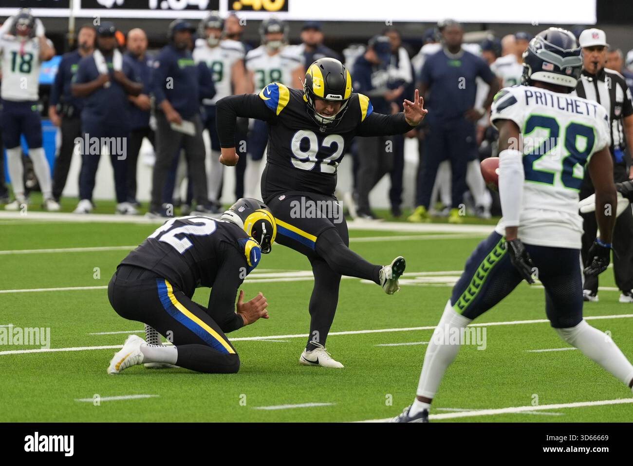 Los Angeles Rams kicker Harrison Mevis kicks a field goal during the ...
