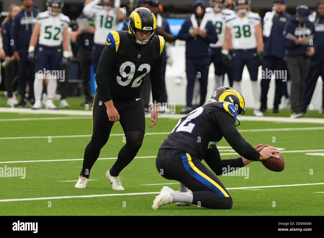 Los Angeles Rams kicker Harrison Mevis kicks a field goal during the ...