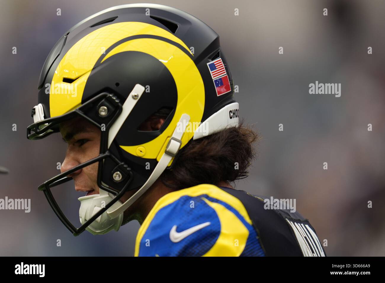 Los Angeles Rams wide receiver Puka Nacua wears a decal for the country ...