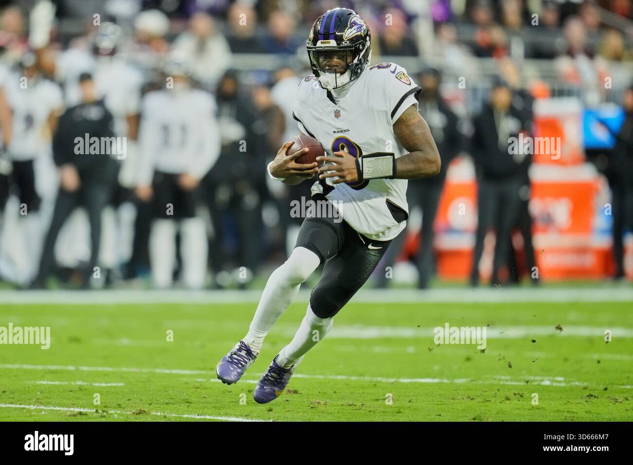 Baltimore Ravens quarterback Lamar Jackson (8) during an NFL football ...