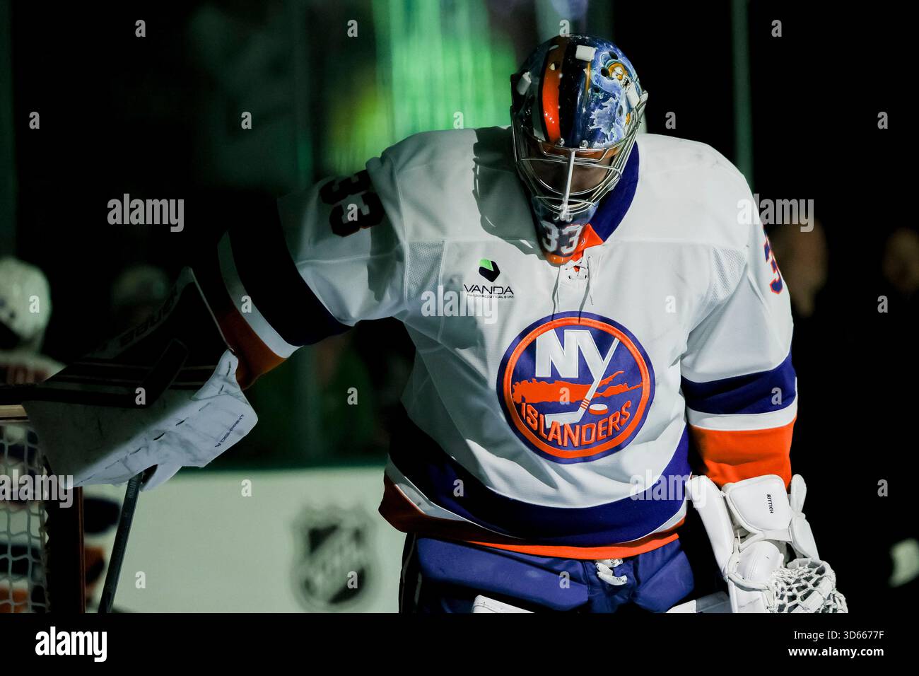 New York Islanders goaltender David Rittich warms up before an NHL ...