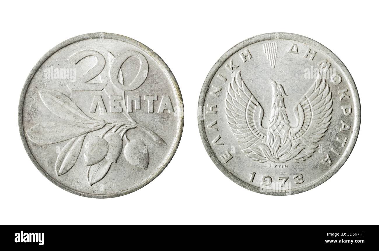 Isolated photo of 20 lepta Greece 1973 coin obverse and reverse on ...