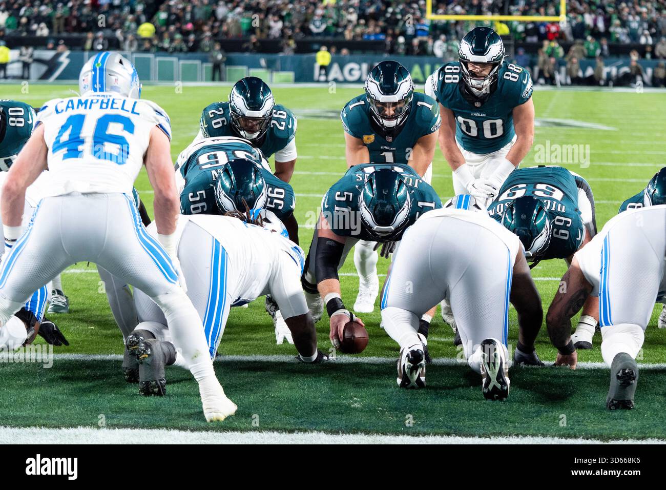 Philadelphia Eagles quarterback Jalen Hurts (1) lines the offensive up ...