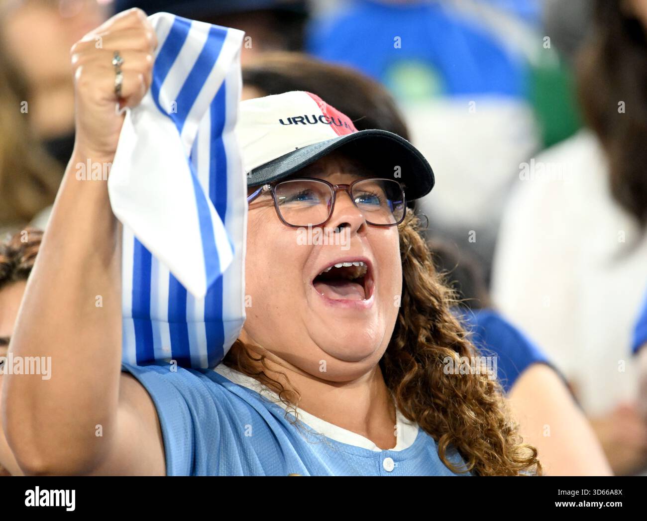 A Uruguay fan cheers on the team during the first half of an ...