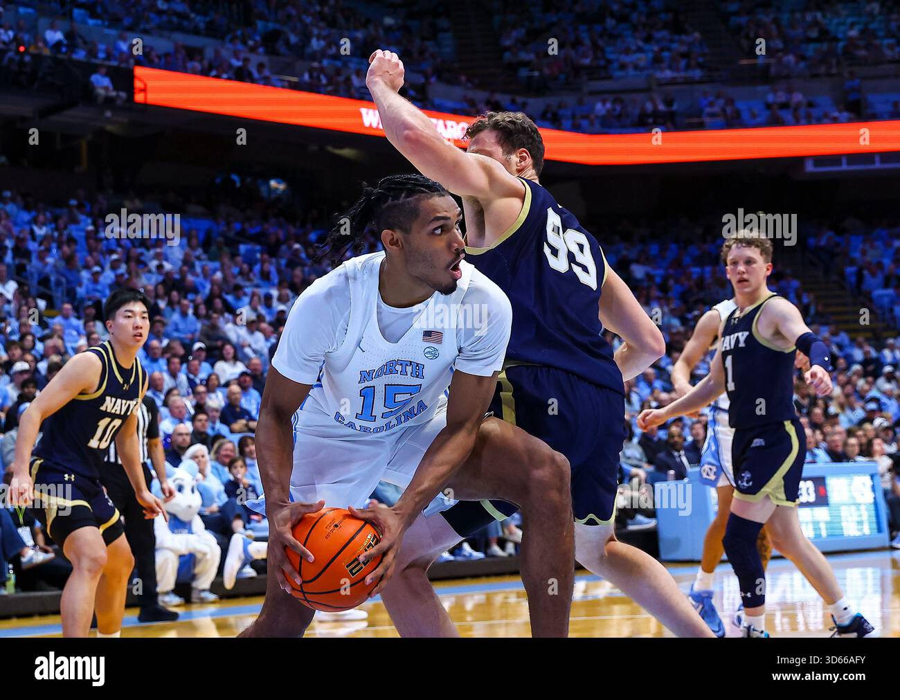 November 18, 2025: North Carolina forward Jarin Stevenson (15) looks to ...