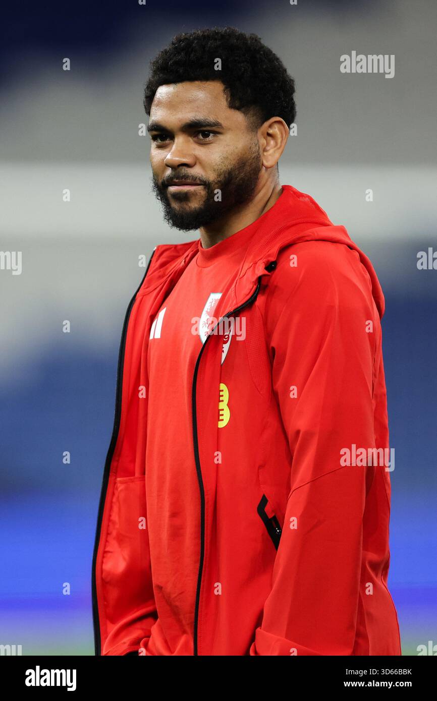 Cardiff, Wales, 18th November 2025. Jay Dasilva of Wales arrives ahead ...