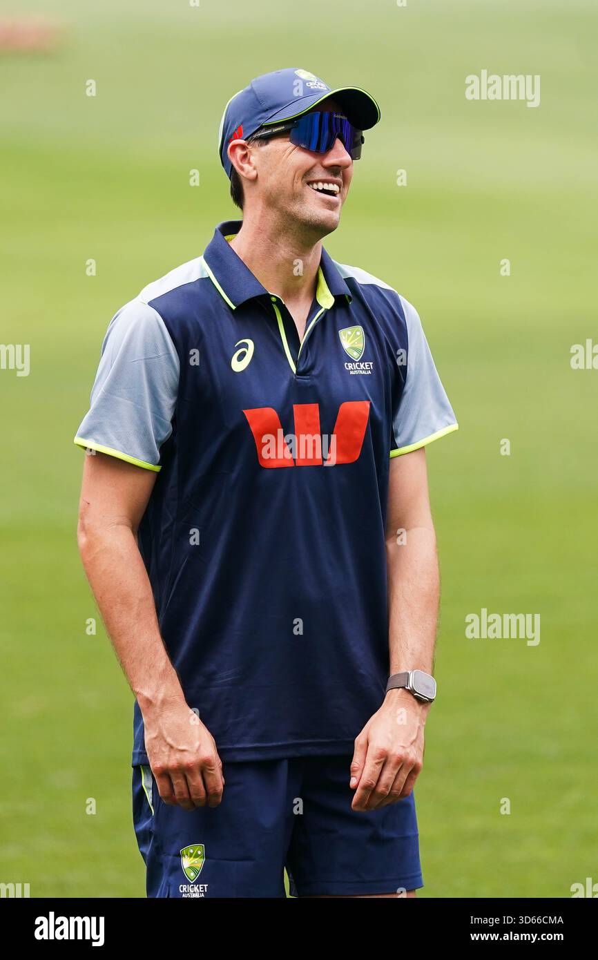 Australia's Pat Cummins smiles during a nets session at the Optus ...