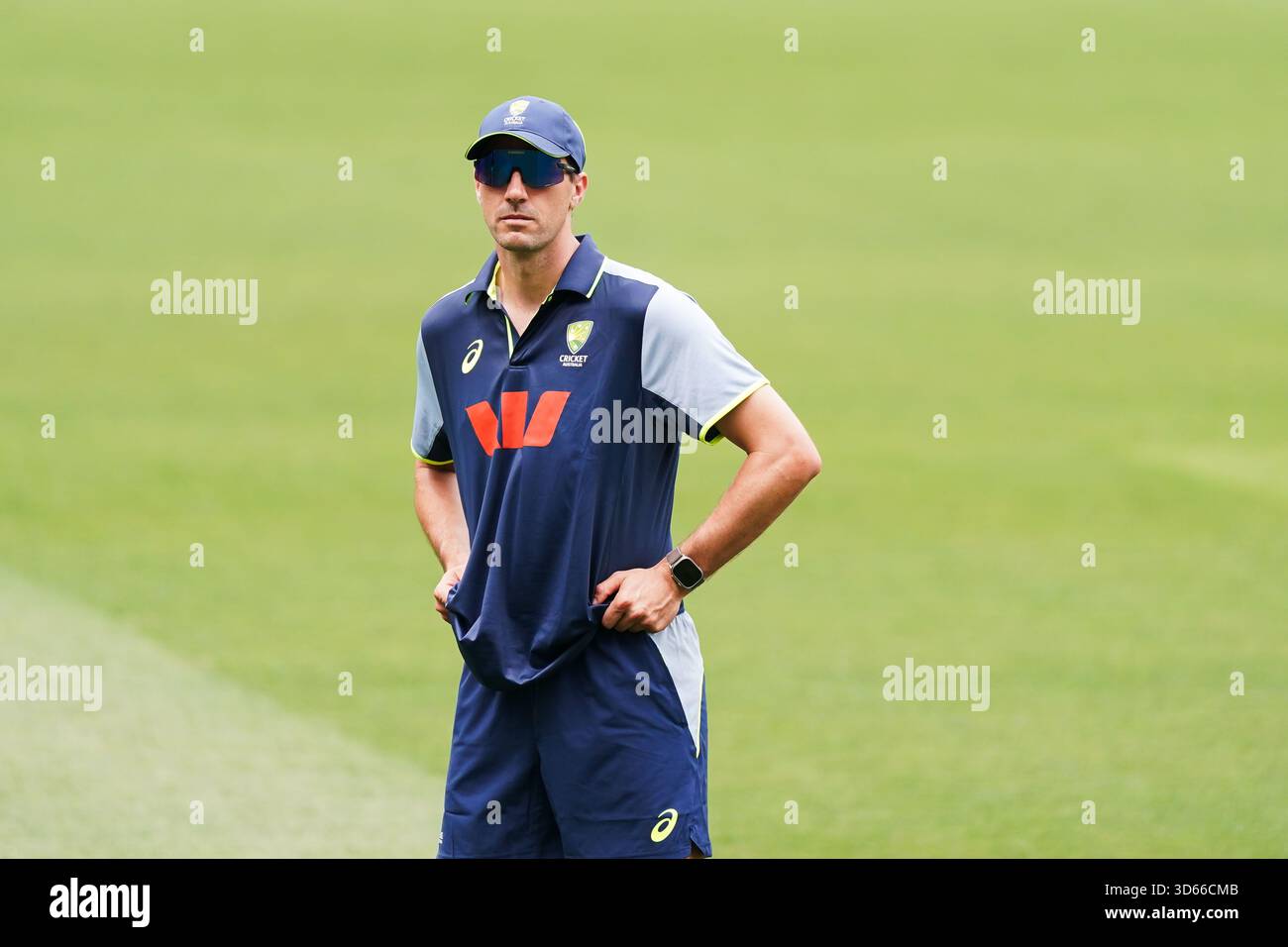 Australia's Pat Cummins looks on during a nets session at the Optus ...