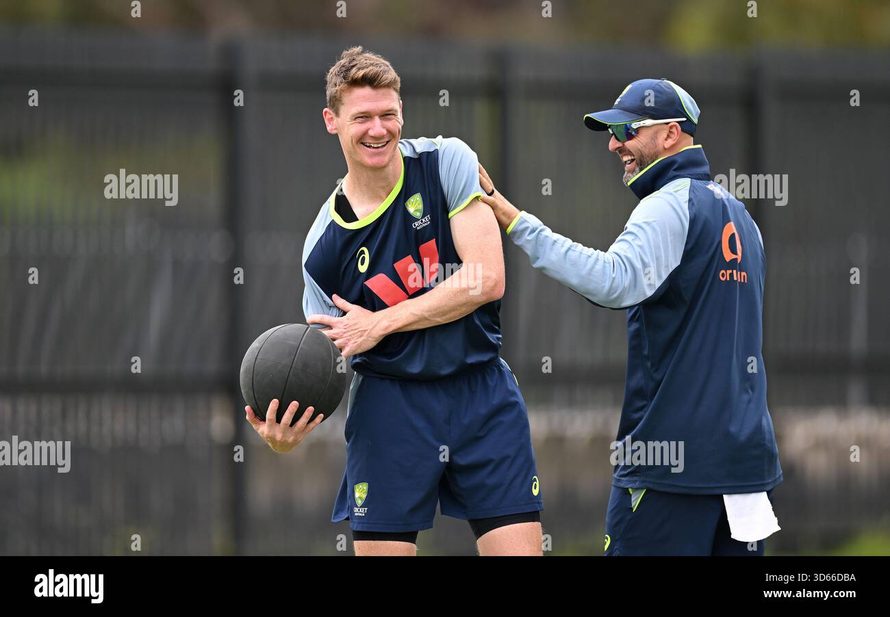 Brendan Doggett (left0 and Nathan Lyon during an Australia Cricket Team ...