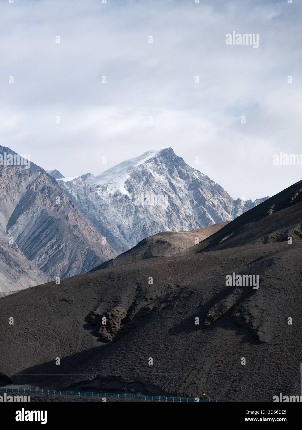 Snow-capped mountain peaks can be seen between the two sand dunes Stock ...
