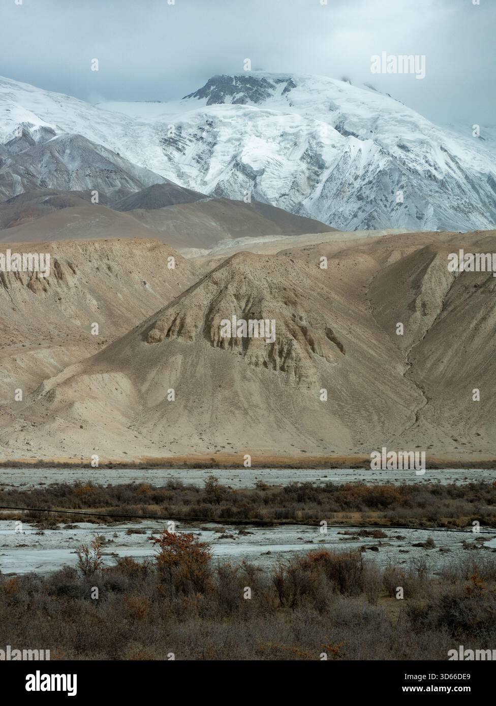 Glacial meltwater rivers against a backdrop of snow-capped mountains ...