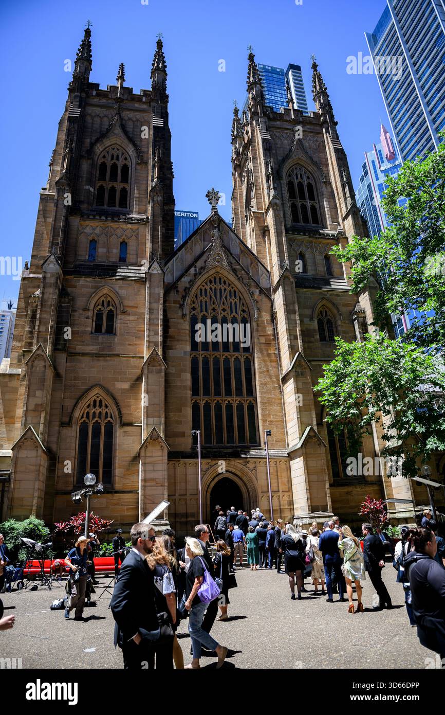 People arrive for the state funeral service for Johns Laws at St Andrews Anglican Cathedral in ...