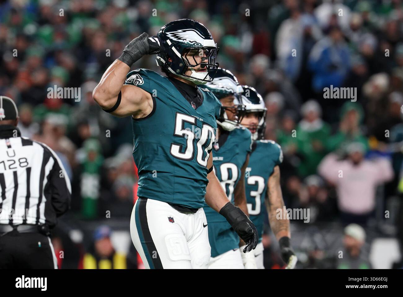 Philadelphia Eagles linebacker Jaelan Phillips (50) celebrates his sack ...