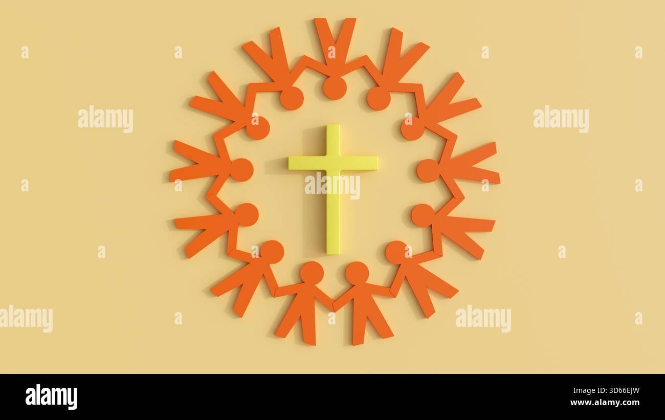 A 3d rendering of Christian cross is centered, surrounded by human ...