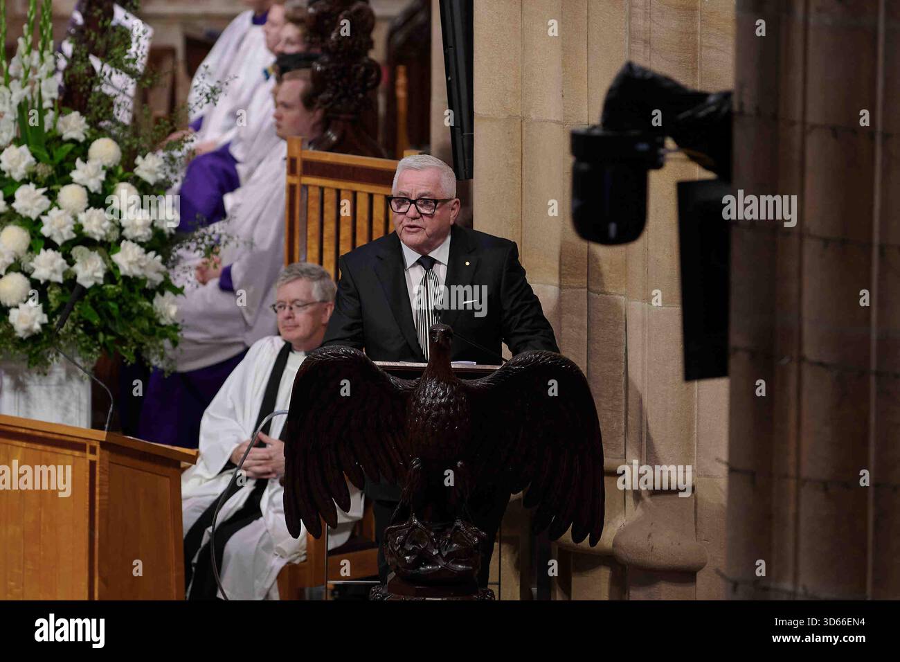 Mr Paul Warren speaking during a state funeral service for Johns Laws ...