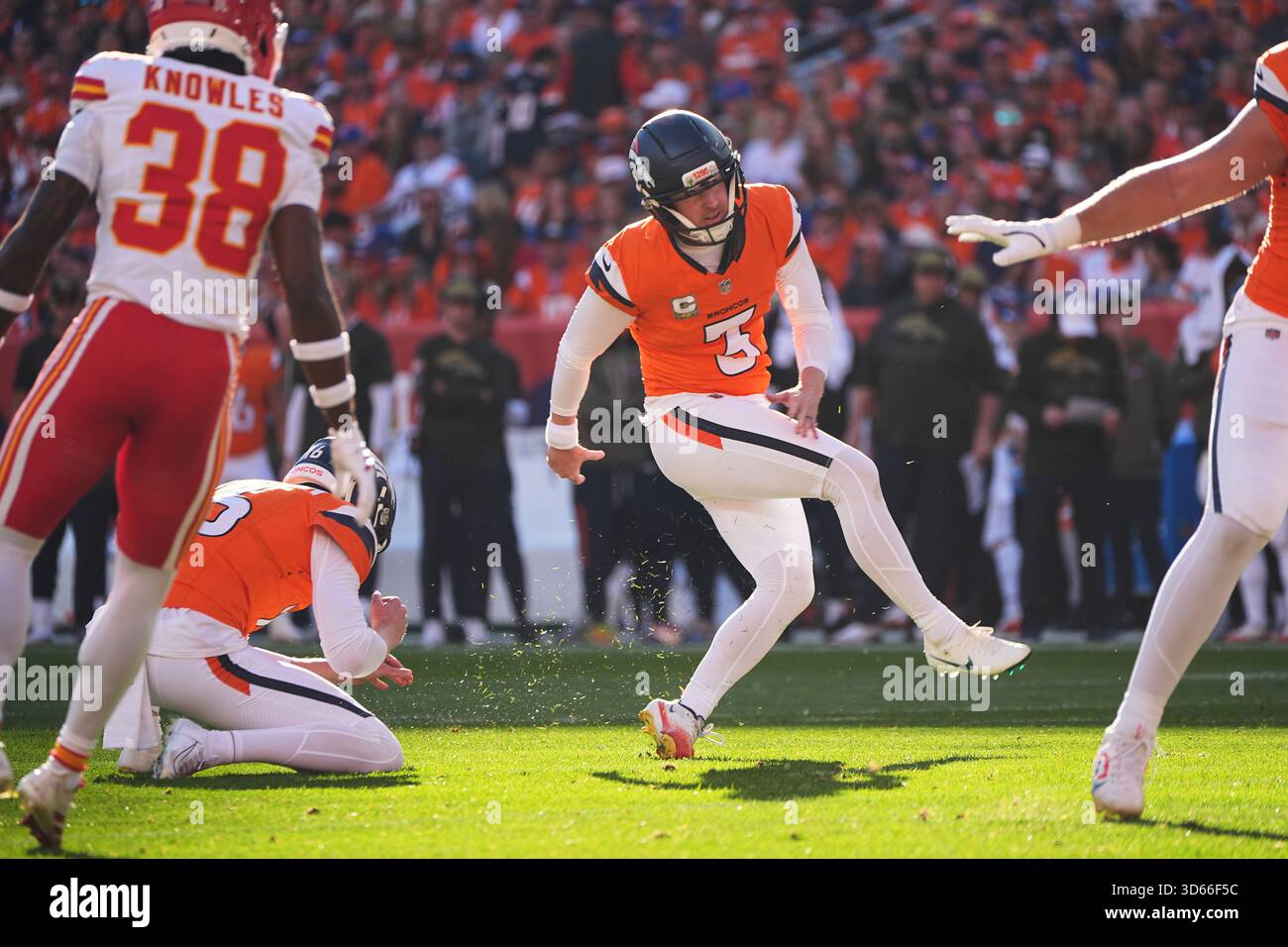 Denver Broncos kicker Wil Lutz (3) follows the flight of his field goal ...