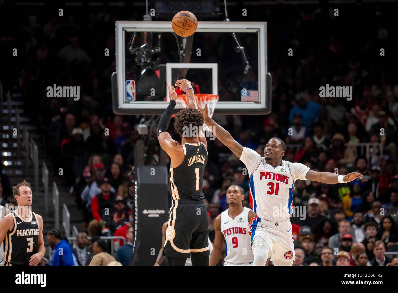 Atlanta Hawks forward Jalen Johnson (1) makes a basket against Detroit ...