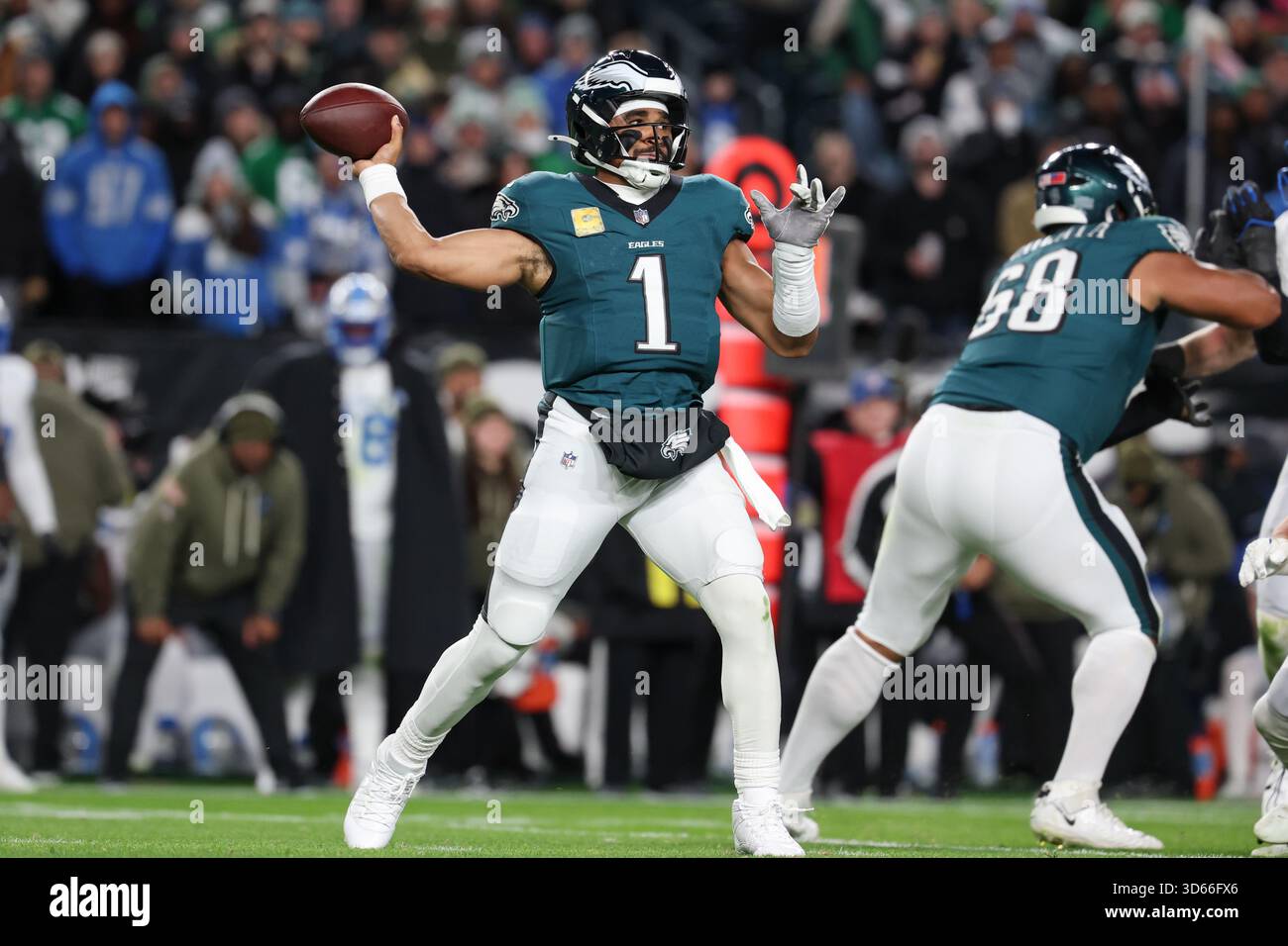 Philadelphia Eagles quarterback Jalen Hurts (1) throws a pass during the first half of an NFL ...