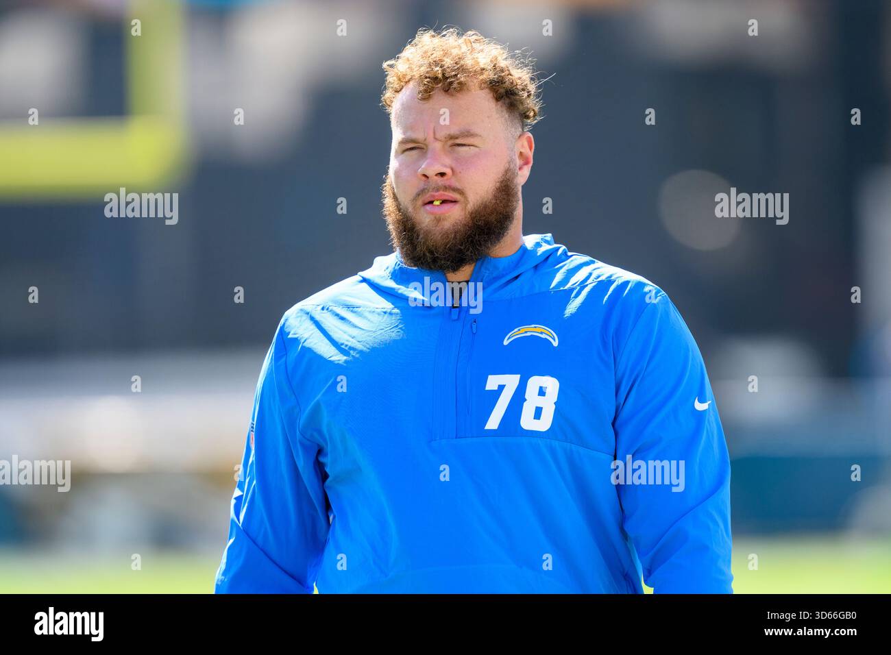 Los Angeles Chargers center Andre James (78) stands on the field before ...