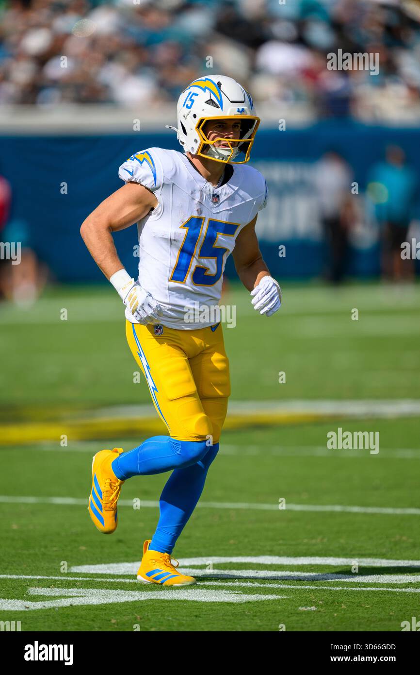 Los Angeles Chargers wide receiver Ladd McConkey (15) runs on the field ...
