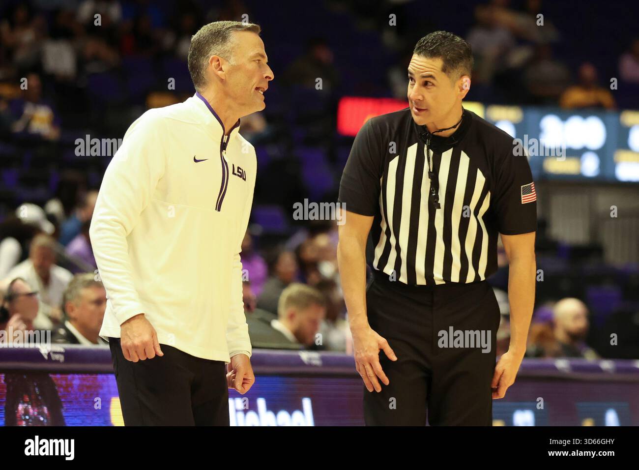LSU Tigers head coach Matt McMahon talks to a referee during the second ...