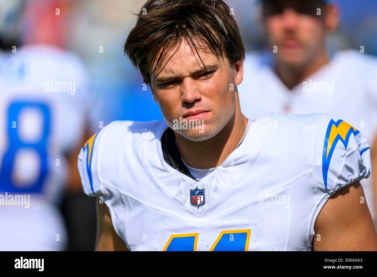 Los Angeles Chargers kicker Cameron Dicker (11) stands on the sidelines ...