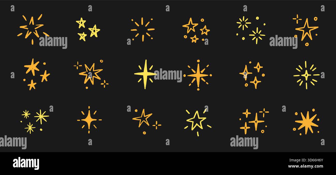 Hand drawn star gold color spark element icon set. Cute star shape ...