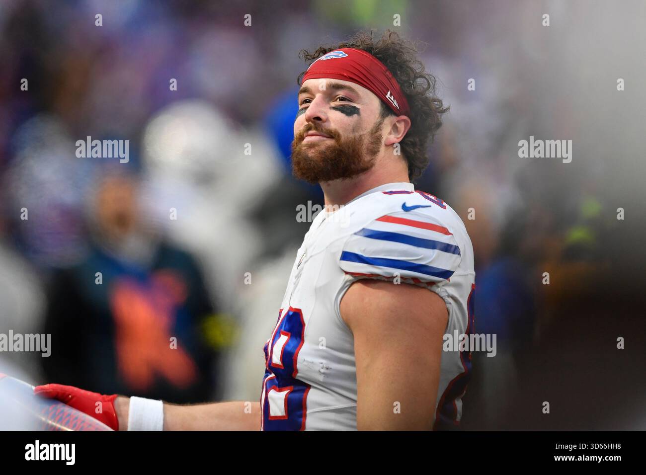 Buffalo Bills tight end Dawson Knox (88) watches from the sideline ...
