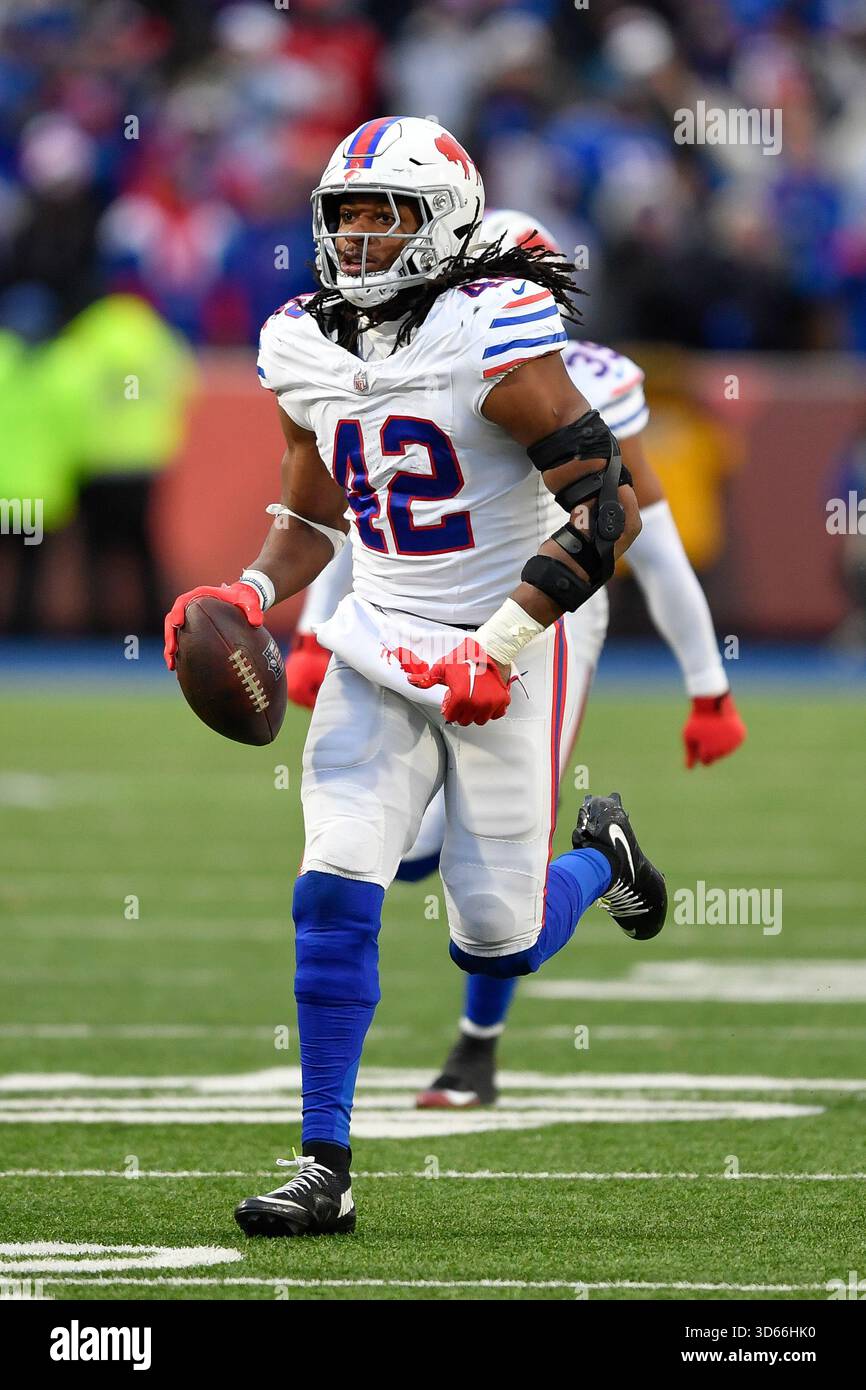 Buffalo Bills linebacker Dorian Williams (42) reacts after his fumble ...