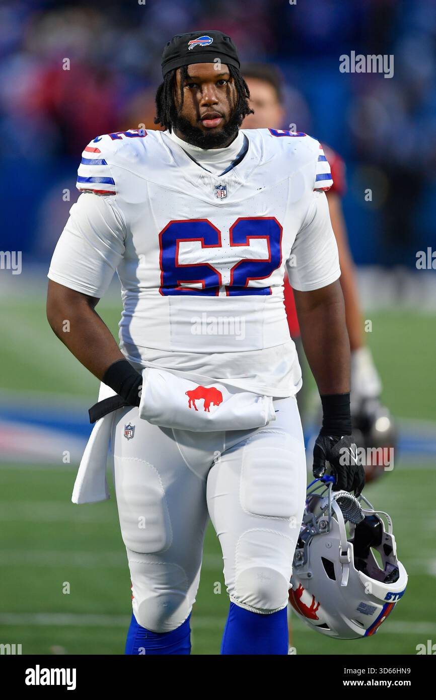 Buffalo Bills center/guard Sedrick Van Pran-Granger (62) walks off the ...