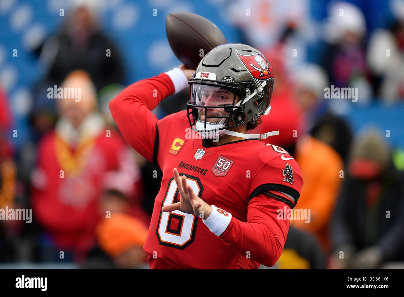 Tampa Bay Buccaneers quarterback Baker Mayfield (6) warms up before an NFL football game against ...