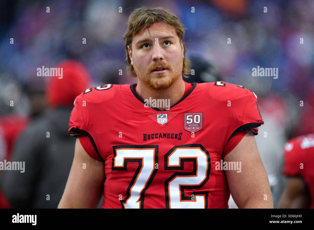Tampa Bay Buccaneers tackle Luke Haggard (72) watches from the sideline ...