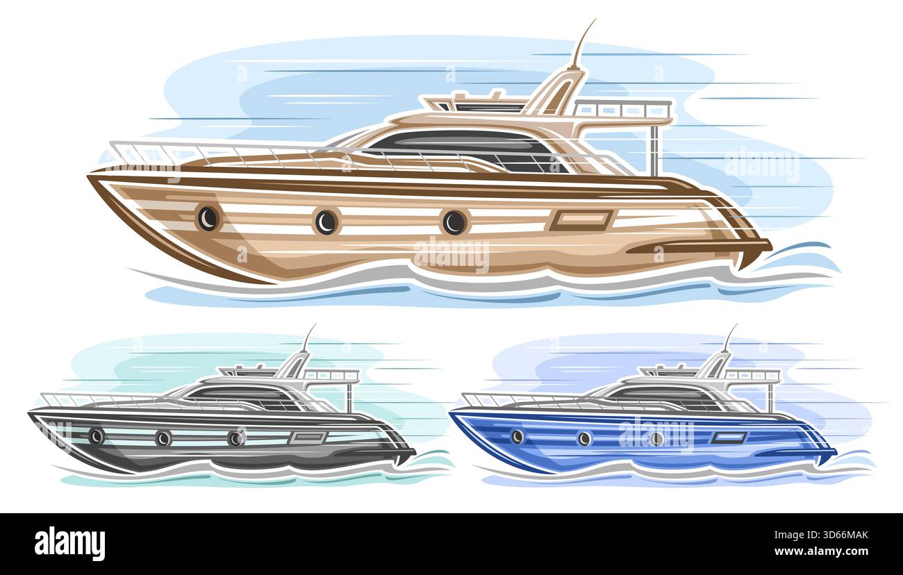 Vector Motor Boat Set, horizontal nautical poster with three isolated ...