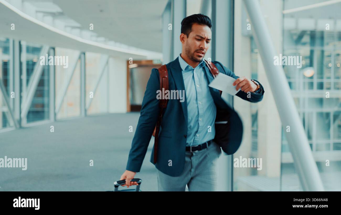 Airport, stress and businessman with ticket, rush and checking info for ...