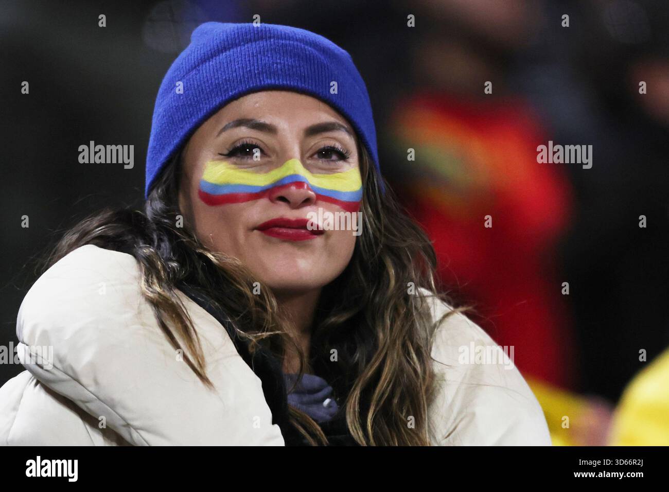 A Colombia fan wearing facepaint looks on as they wait for an international friendly soccer ...