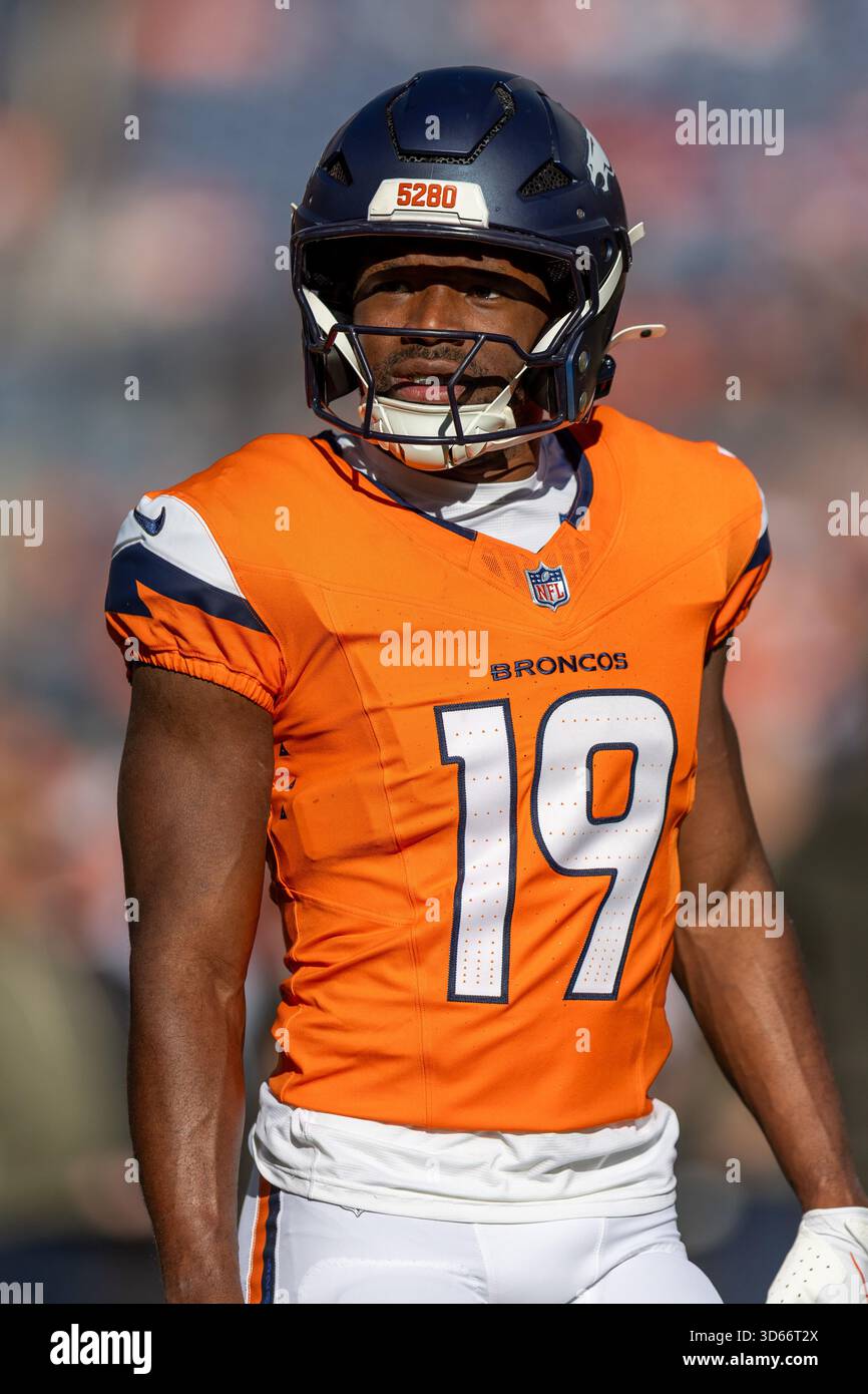 Denver Broncos wide receiver Marvin Mims, Jr. (19) warms up before ...