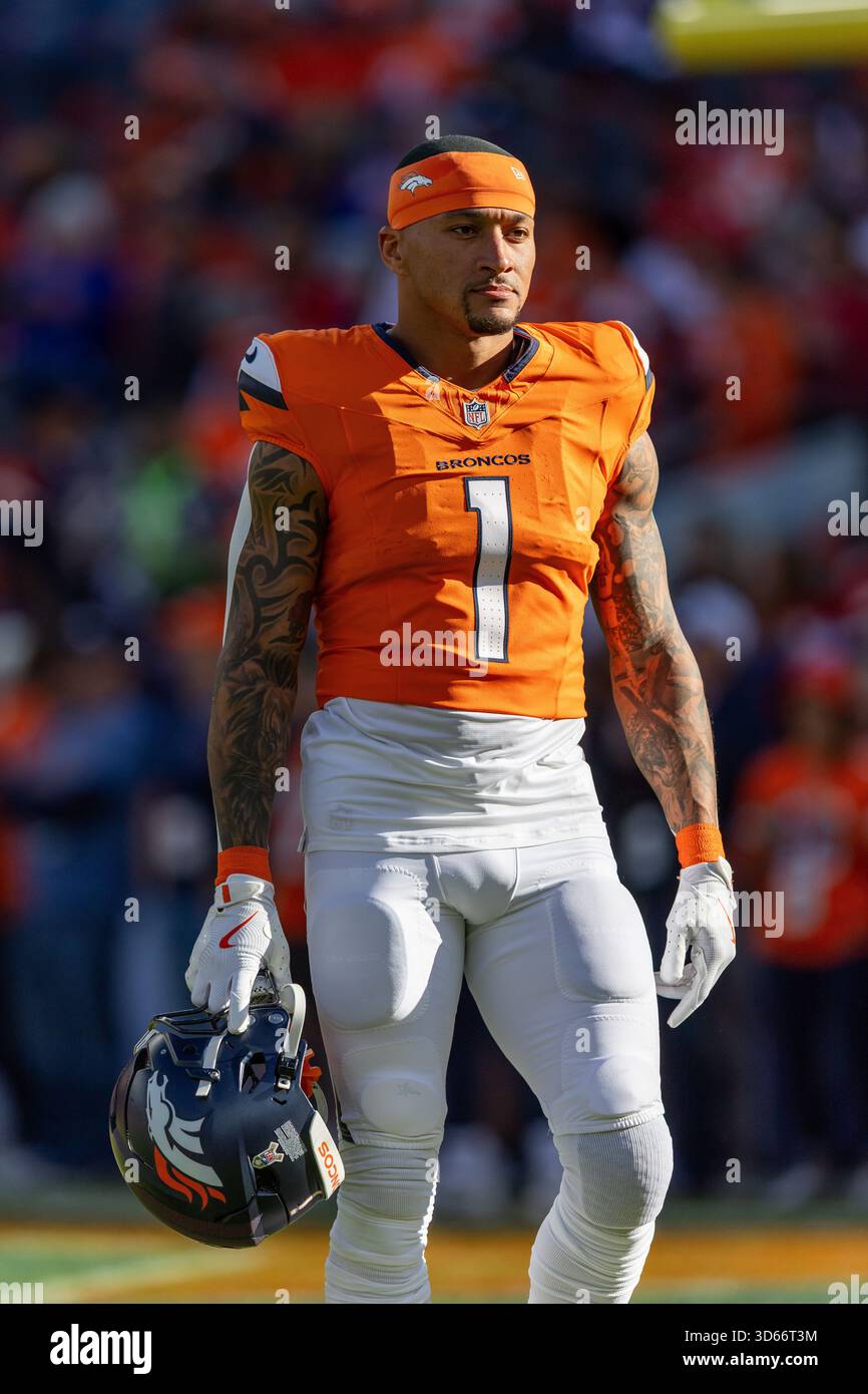 Denver Broncos tight end Evan Engram (1) warms up before playing ...