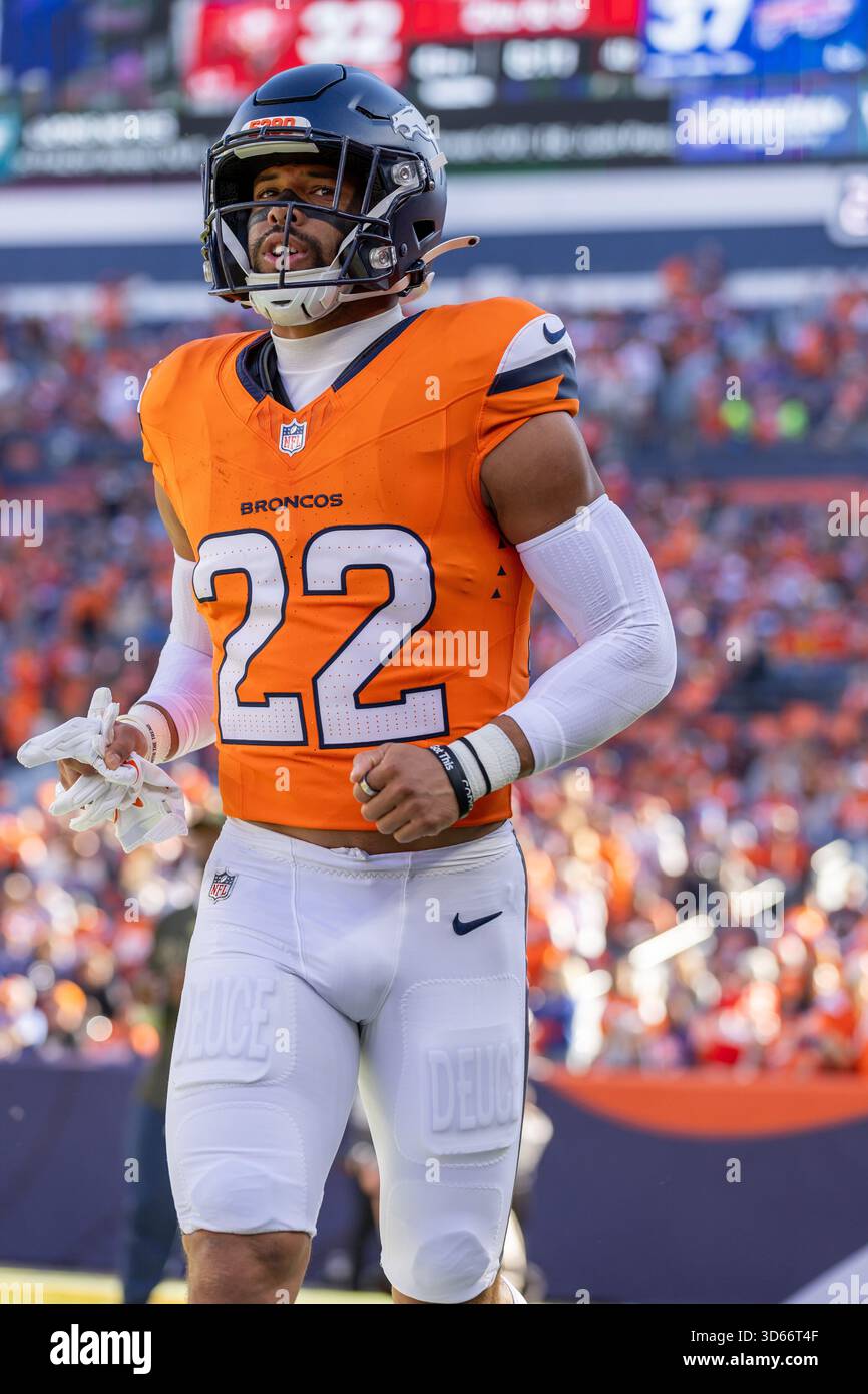 Denver Broncos safety Brandon Jones (22) warms up before playing ...
