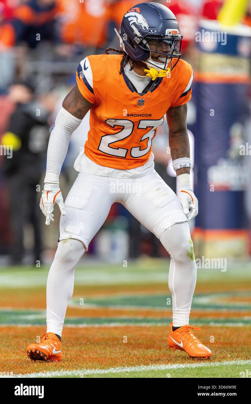 Denver Broncos cornerback Jahdae Barron (23) against the Kansas City ...