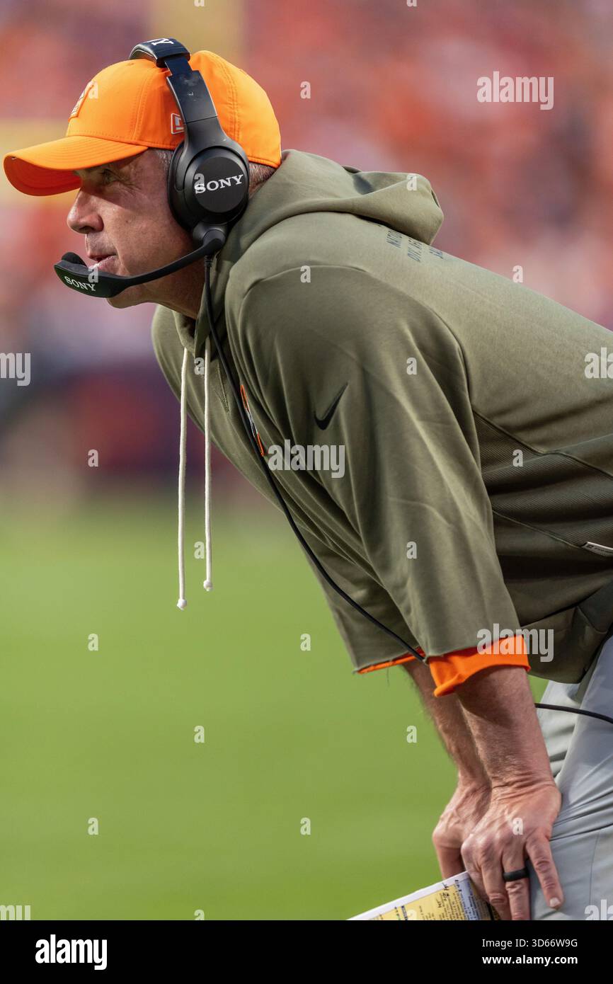 Denver Broncos head coach Sean Payton coaches against the Kansas City ...