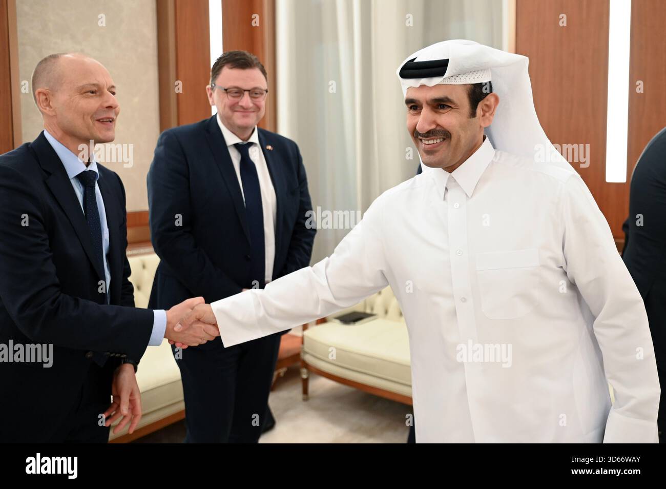 19 November 2025, Qatar, Doha: Saad bin Sherida Al Kaabi (r), Minister ...